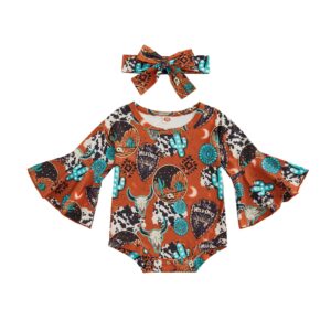 newborn baby girl romper flare long sleeve floral cow print bodysuit jumpsuit with headband cute fall winter clothes (brown, 6-12 months)