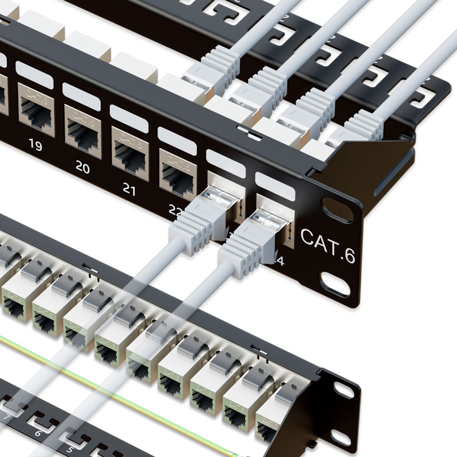 iwillink 10Gbps Patch Panel 24 Port, RJ45 Through Coupler Cat6 Patch Panel, STP Shielded Patch Panel 19-Inch 1U with Back Bar, Wallmount or Rackmount, Compatible with Cat5, Cat5e, Cat6 Cabling