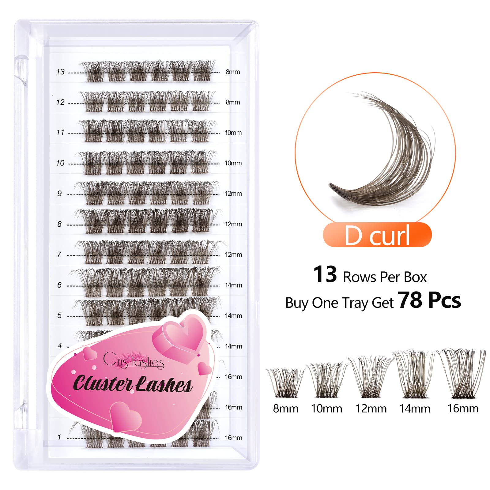 Cluster Lashes, Crislashes Lash Clusters 13 Rows Soft, DIY Eyelash Extensions, 78 PCS Resuable Cluster Eyelash Extensions at Home (F16 Mix 8-16mm-Brown)