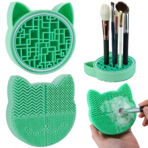 makeup brush cleaner mat-silicone beauty wash pad with dryer holder 2 in 1 portable cosmetic tool (green)