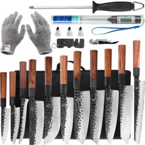 fullhi 18pcs japanese gyuto chef knife set professional hand forged kitchen chef knife, 3 layers 9cr18mov high carbon meat sushi knife rosewood handle with knife bag