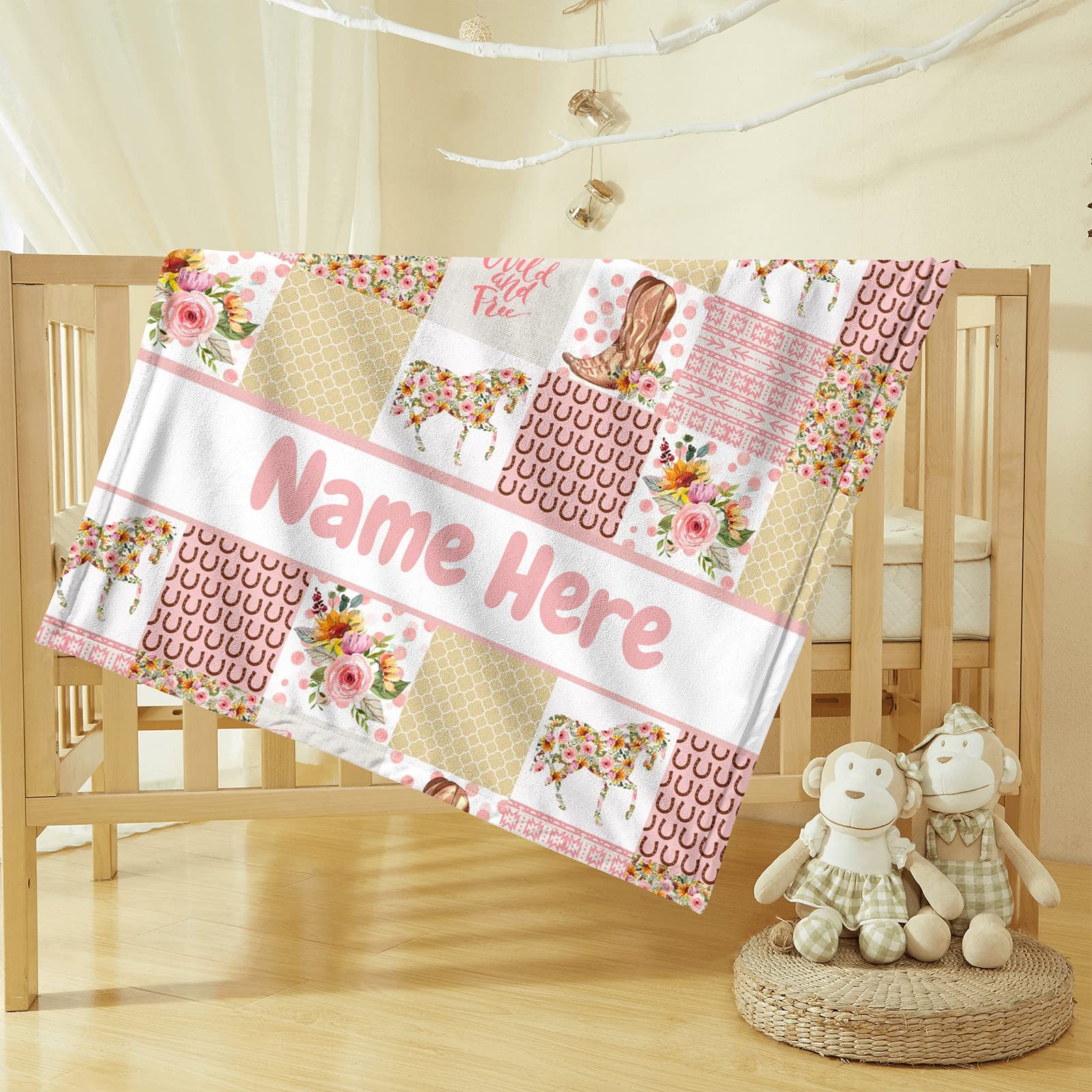 Personalized Floral Horse Minky Baby Blankets with Name, Custom Rose Baby Crib Bedding Sets for Girls Kids- Registry Gifts - Soft Plush Infant Toddler Baby Newborn Blanket