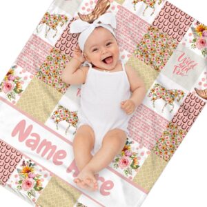 Personalized Floral Horse Minky Baby Blankets with Name, Custom Rose Baby Crib Bedding Sets for Girls Kids- Registry Gifts - Soft Plush Infant Toddler Baby Newborn Blanket