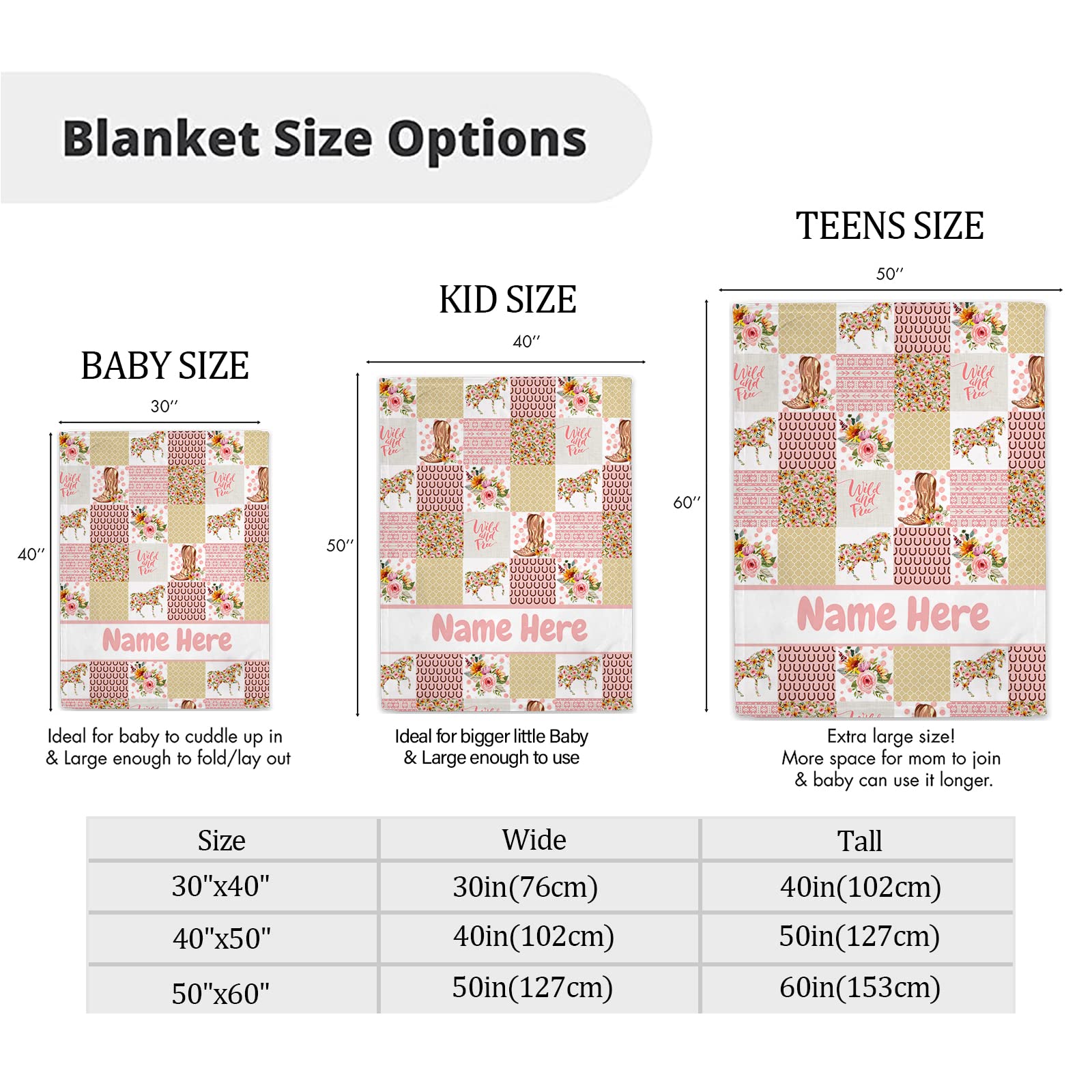 Personalized Floral Horse Minky Baby Blankets with Name, Custom Rose Baby Crib Bedding Sets for Girls Kids- Registry Gifts - Soft Plush Infant Toddler Baby Newborn Blanket