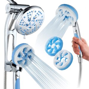 high pressure 6-in-1 aquassage by aquacare - 76-mode 3-way combo, showerhead, hand shower, body brush, hair brush & arm in one! two brackets, extra-long 6 foot stainless steel hose, brush head holder