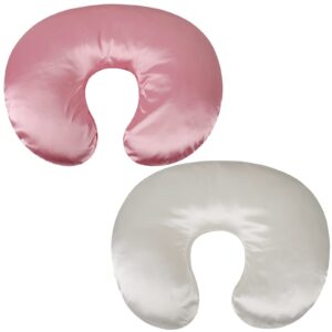 satin nursing pillow cover set 2 pack ultra soft silk compatible with boppy pillow for breastfeeding pillow protect for baby hair and skin white & pink