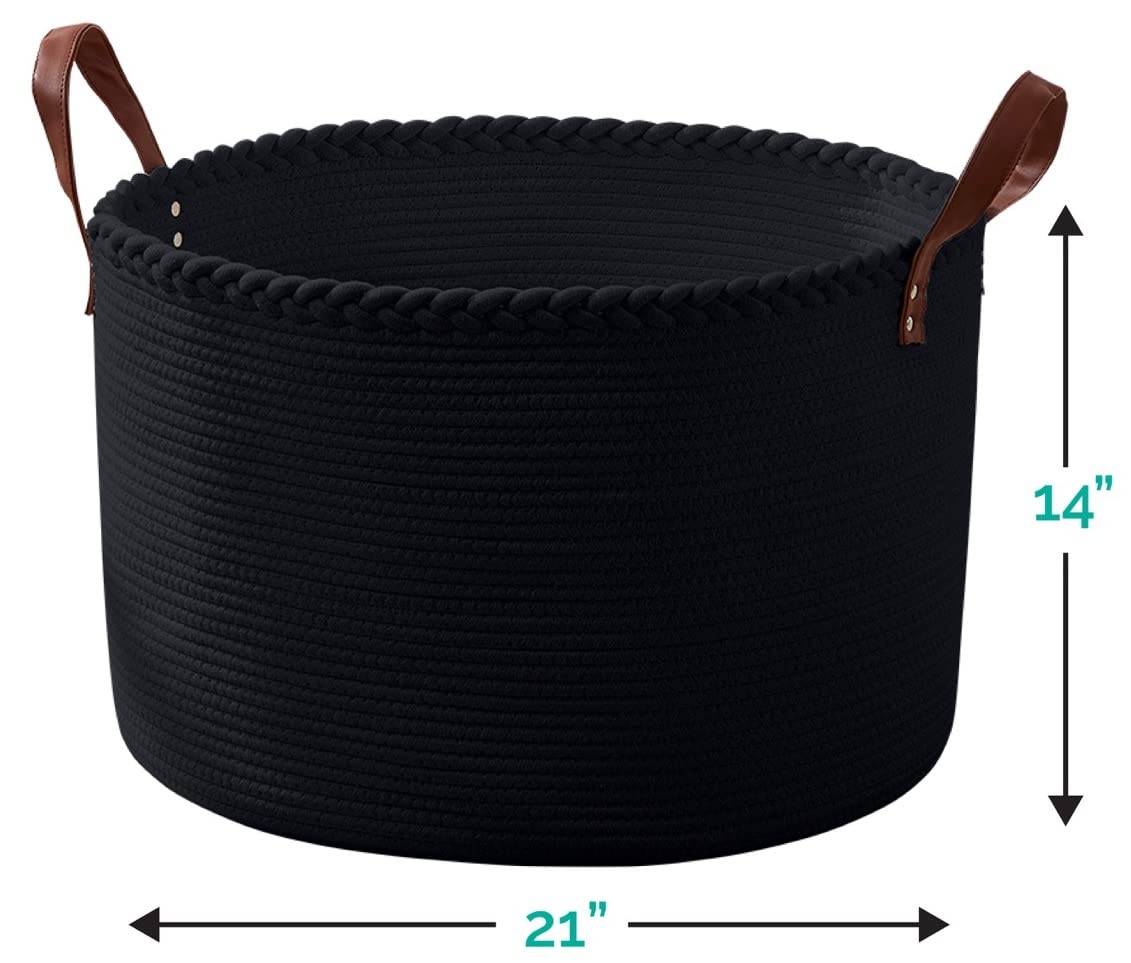 Organizix XLarge Round Cotton Rope Storage Basket Bin Organizer Laundry Hamper with Leather Handles, 21 x 21 x 14, Extra Large Blanket Woven Toy Basket for Baby Nursery - Black