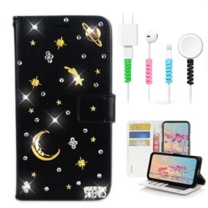 stenes bling wallet phone case compatible with iphone 14 pro case - stylish - 3d handmade planet moon meteor glitter magnetic wallet leather cover with cable protector [4 pack] - black