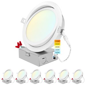 luxrite 6 inch gimbal led recessed lighting, 5 color selectable 2700k-5000k, 1400 lumens, adjustable swivel downlight, dimmable, 15w, wet rated, ic rated, high output, etl listed (6 pack)