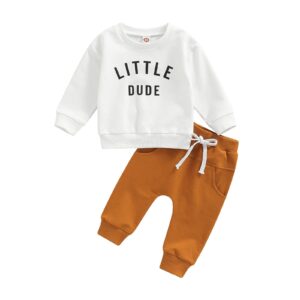 wdehow infant toddler baby boy 2pcs outfits long sleeve letters print pullover tops + drawstring pants set fall winter clothes (white, 12-18 months)