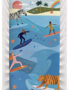 rookie humans 100% cotton sateen fitted crib sheet: surfing safari. modern nursery, use as a photo background for your baby pictures. standard crib size (52 x 28 inches)