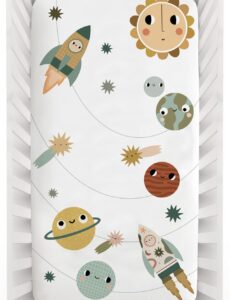 rookie humans 100% cotton sateen fitted crib sheet: space explorer. modern nursery, use as a photo background for your baby pictures. standard crib size (52 x 28 inches)