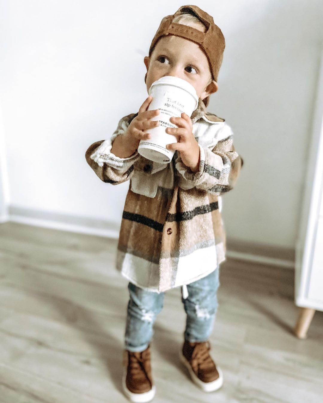 Amiblvowa Little Kids Toddler Baby Boy Girl Shirt Jacket Plaid Long Sleeve Button Down Fall Flannel Shacket Coat Tops (Khaki Plaid, 12-18 Months)