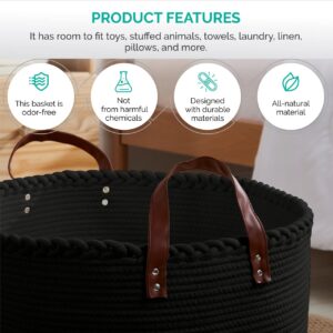 Organizix XLarge Round Cotton Rope Storage Basket Bin Organizer Laundry Hamper with Leather Handles, 21 x 21 x 14, Extra Large Blanket Woven Toy Basket for Baby Nursery - Black