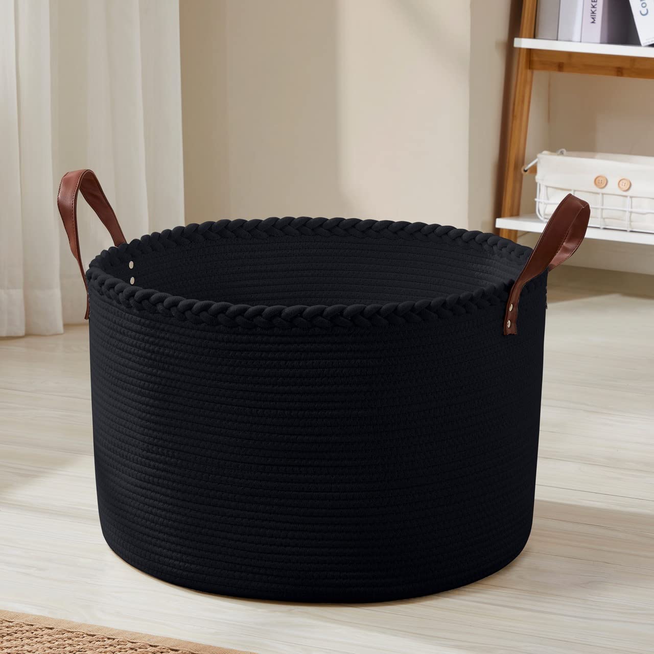 Organizix XLarge Round Cotton Rope Storage Basket Bin Organizer Laundry Hamper with Leather Handles, 21 x 21 x 14, Extra Large Blanket Woven Toy Basket for Baby Nursery - Black