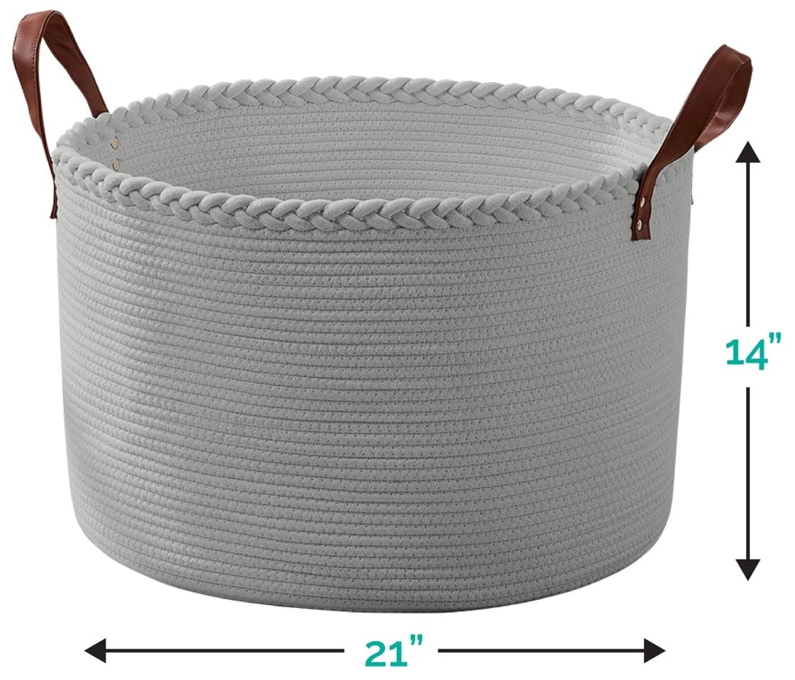 Organizix XLarge Round Cotton Rope Storage Basket Bin Organizer Laundry Hamper with Leather Handles, 21 x 21 x 14, Extra Large Blanket Woven Toy Basket for Baby Nursery - Gray