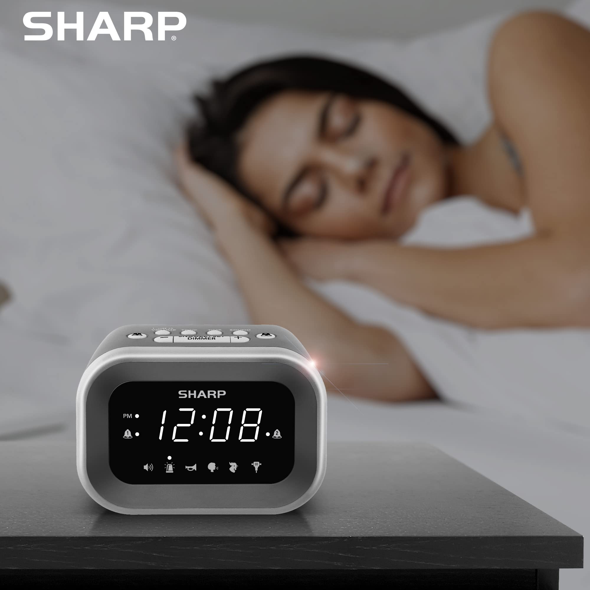 Sharp Big Bang Super Loud Alarm Clock for Heavy Sleepers, 6 Extremely Loud Wake Up Sounds: Rooster, Bugle, Nagging Mom, Jackhammer, Siren, Beep– Up to 115db Volume, Silver/Black with White LED Display