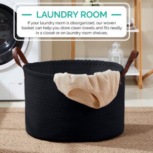 Organizix XLarge Round Cotton Rope Storage Basket Bin Organizer Laundry Hamper with Leather Handles, 21 x 21 x 14, Extra Large Blanket Woven Toy Basket for Baby Nursery - Black