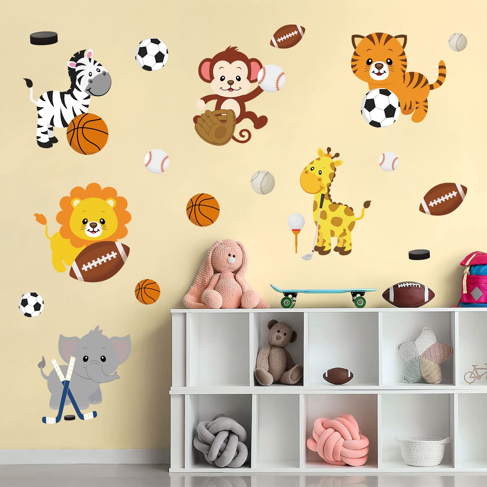 Supzone Cartoon Animal Sport Wall Decals Sports Balls Wall Stickers Jungle Monkey Lion Giraffe DIY Vinyl Wall Art Sticker for Kids Baby Nursery Playroom Bedroom Girls Boy Room Wall Decor