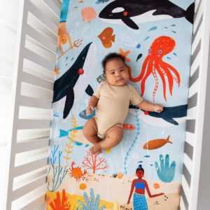 Rookie Humans 100% Cotton Sateen Fitted Crib Sheet: Beyond The Reef. Modern Nursery, Use as a Photo Background for Your Baby Pictures. Standard Crib Size (52 x 28 inches)