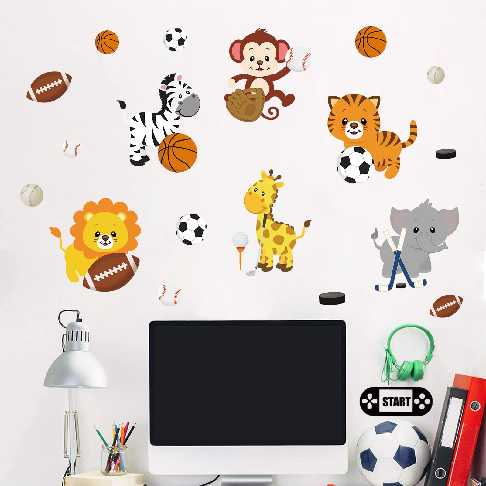 Supzone Cartoon Animal Sport Wall Decals Sports Balls Wall Stickers Jungle Monkey Lion Giraffe DIY Vinyl Wall Art Sticker for Kids Baby Nursery Playroom Bedroom Girls Boy Room Wall Decor