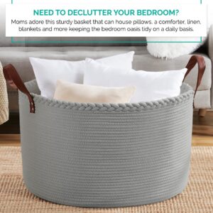 Organizix XLarge Round Cotton Rope Storage Basket Bin Organizer Laundry Hamper with Leather Handles, 21 x 21 x 14, Extra Large Blanket Woven Toy Basket for Baby Nursery - Gray