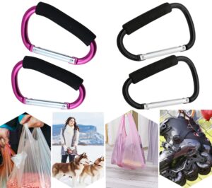 magnoloran 4 pack grocery bag shopping bag holder handle carrier tool baby stroller hook stroller organizer hook clips multi purpose snap hook carabiner clip with cushion grip, black & purple