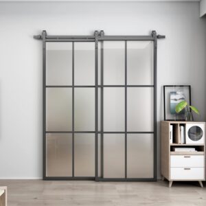 barnsmith bypass 72 x 84in double glass barn door with 6.6ft side-mounted hardware kit, 2 sets of 36x84in black aluminum tempered frosted glass sliding door, assemble required(2 * 36inx 84in)