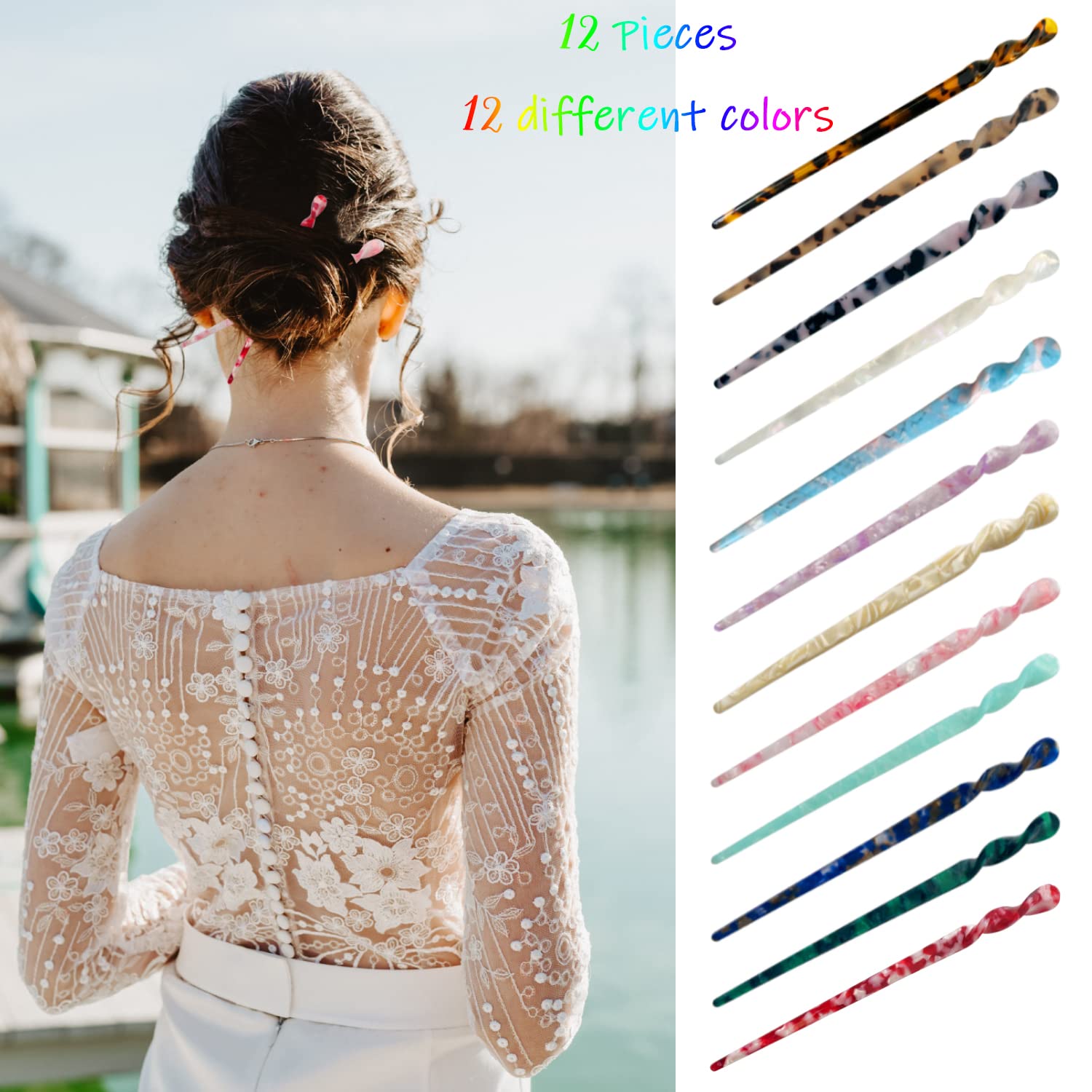 12 Pieces Acetate Hair Sticks Tortoise Shell Hairpin Leopard Shell Hair Pins Chinese Hair Sticks for buns Hair Styling Accessories Hair Chopsticks for Women Girls,12 Style Not Repeating Pattern