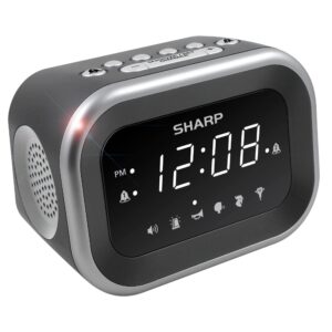 sharp big bang super loud alarm clock for heavy sleepers, 6 extremely loud wake up sounds: rooster, bugle, nagging mom, jackhammer, siren, beep– up to 115db volume, silver/black with white led display