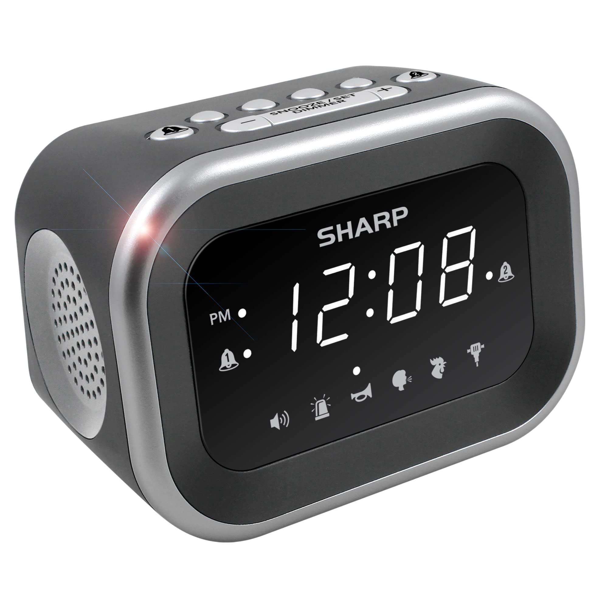 Sharp Big Bang Super Loud Alarm Clock for Heavy Sleepers, 6 Extremely Loud Wake Up Sounds: Rooster, Bugle, Nagging Mom, Jackhammer, Siren, Beep– Up to 115db Volume, Silver/Black with White LED Display