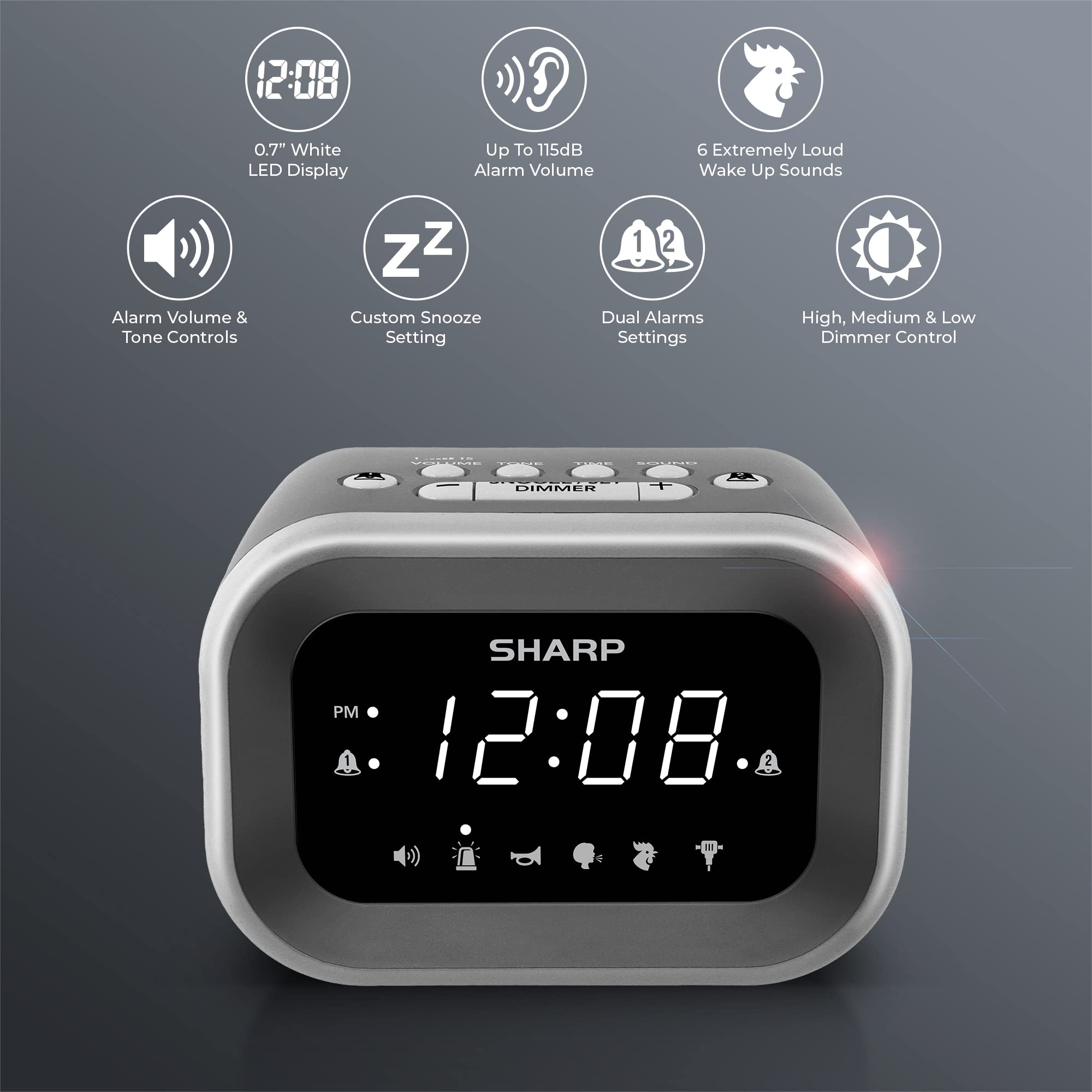 Sharp Big Bang Super Loud Alarm Clock for Heavy Sleepers, 6 Extremely Loud Wake Up Sounds: Rooster, Bugle, Nagging Mom, Jackhammer, Siren, Beep– Up to 115db Volume, Silver/Black with White LED Display