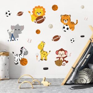 Supzone Cartoon Animal Sport Wall Decals Sports Balls Wall Stickers Jungle Monkey Lion Giraffe DIY Vinyl Wall Art Sticker for Kids Baby Nursery Playroom Bedroom Girls Boy Room Wall Decor