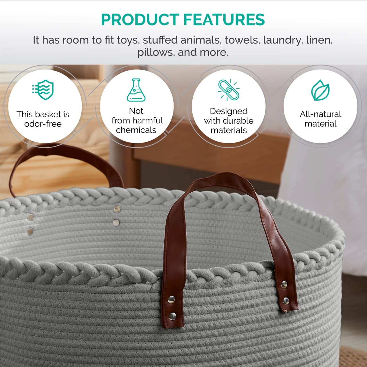 Organizix XLarge Round Cotton Rope Storage Basket Bin Organizer Laundry Hamper with Leather Handles, 21 x 21 x 14, Extra Large Blanket Woven Toy Basket for Baby Nursery - Gray