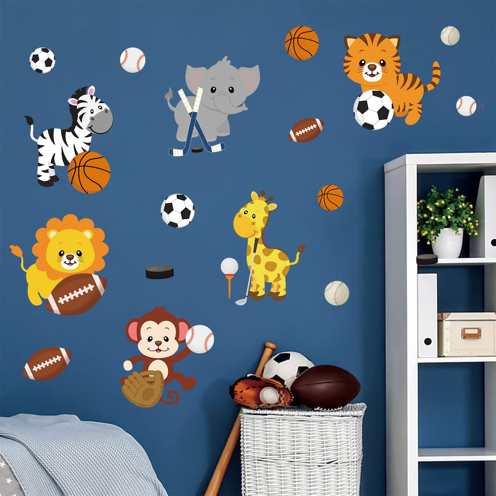 Supzone Cartoon Animal Sport Wall Decals Sports Balls Wall Stickers Jungle Monkey Lion Giraffe DIY Vinyl Wall Art Sticker for Kids Baby Nursery Playroom Bedroom Girls Boy Room Wall Decor