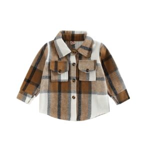 amiblvowa little kids toddler baby boy girl shirt jacket plaid long sleeve button down fall flannel shacket coat tops (khaki plaid, 12-18 months)