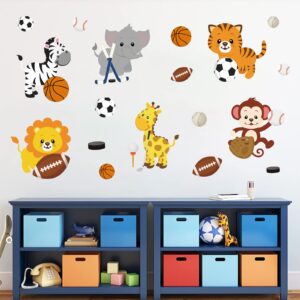 supzone cartoon animal sport wall decals sports balls wall stickers jungle monkey lion giraffe diy vinyl wall art sticker for kids baby nursery playroom bedroom girls boy room wall decor