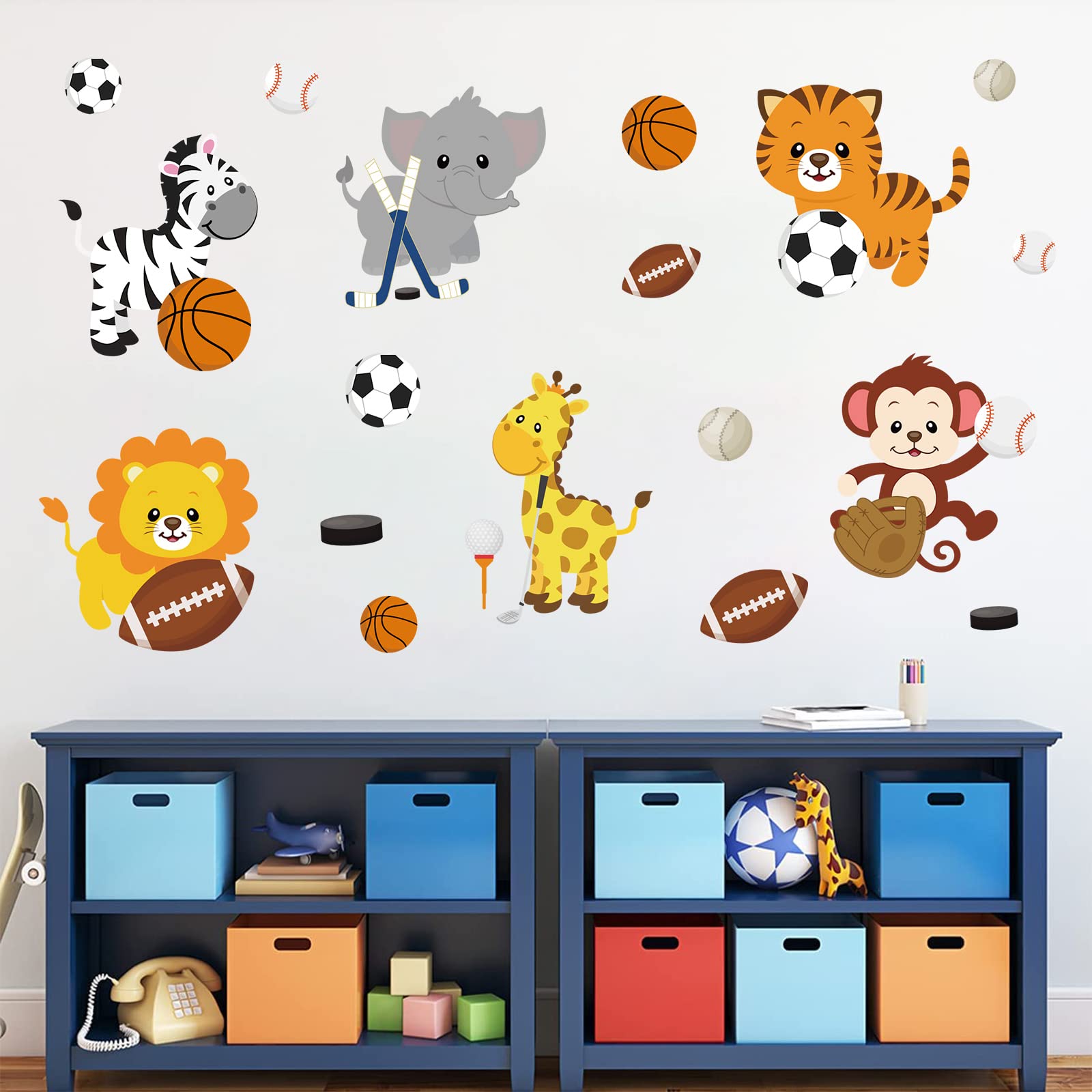 Supzone Cartoon Animal Sport Wall Decals Sports Balls Wall Stickers Jungle Monkey Lion Giraffe DIY Vinyl Wall Art Sticker for Kids Baby Nursery Playroom Bedroom Girls Boy Room Wall Decor