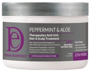 design essentials peppermint & aloe therapeutics anti-itch hair + scalp treatment dandruff hairgrooming, 5 fl oz., white