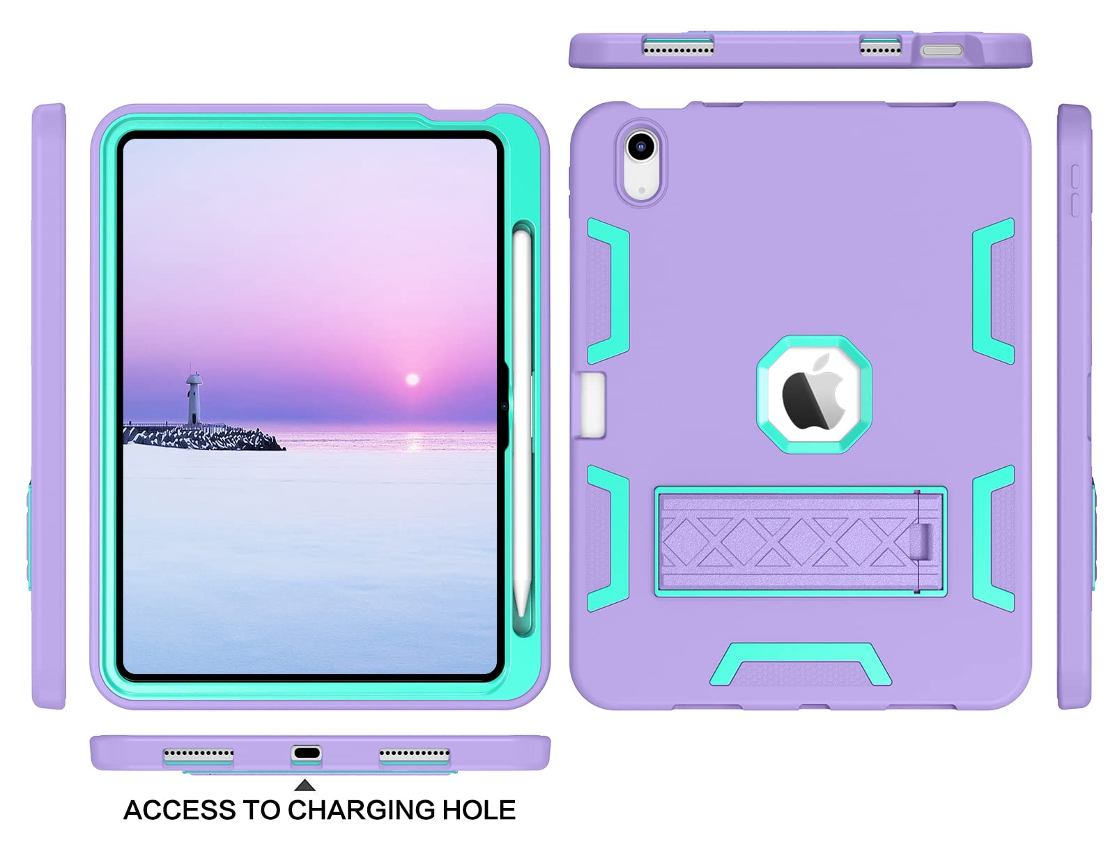 BENTOBEN for iPad 10th Generation Case,10.9 inch 2022 iPad Case, iPad 10 Case, Slim Fit Kickstand Shockproof Rugged Protection Soft Silicone Bumper Drop Protective Girls Boys Kids Cover, Purple/Mint