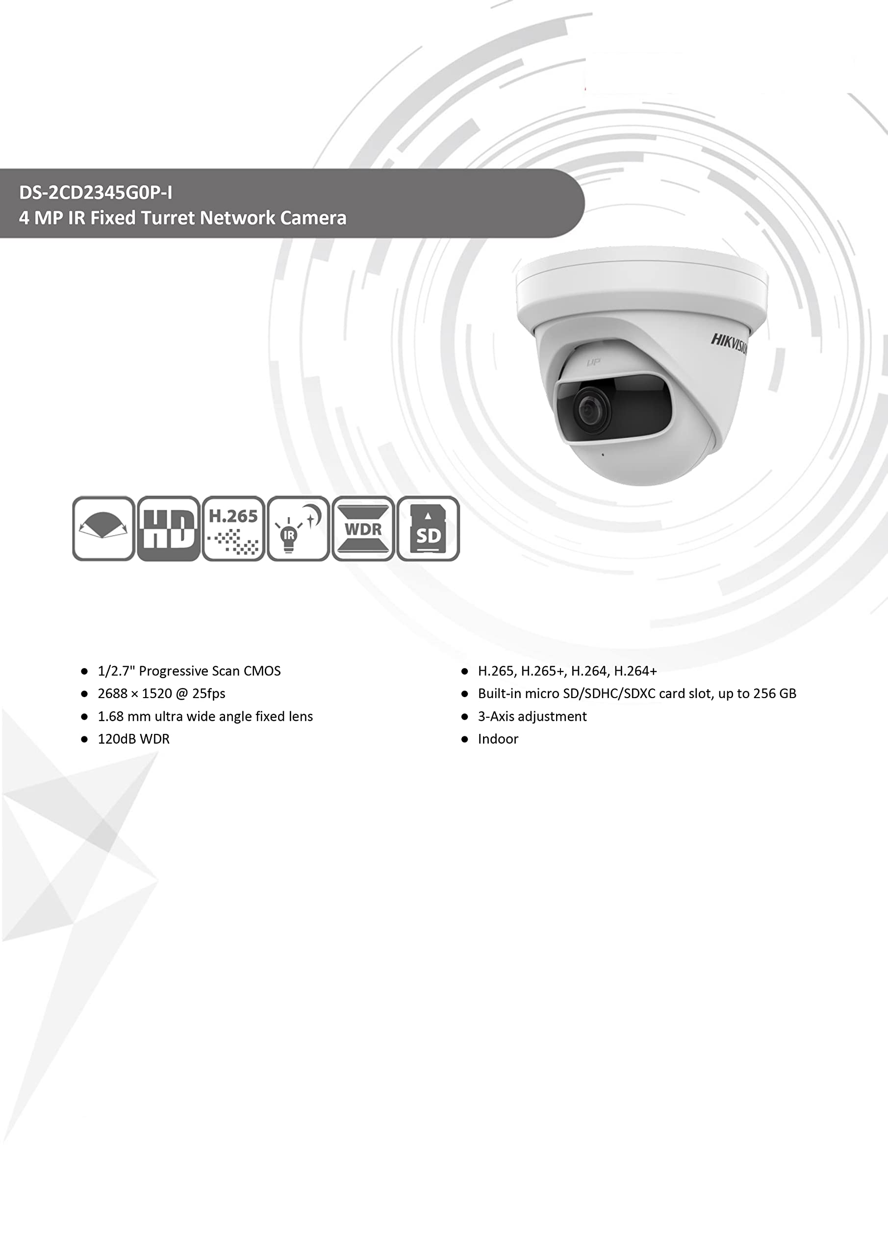 DS-2CD2345G0P-I 4MP Indoor 180° Panoramic Ultra Wide Viewing Angle Fisheye Dome POE IP Security Camera 30ft Night Vision, H.265, WDR, Built-in Micro SD slot (Max 256 GB) Compatible with Hik Vision NVR