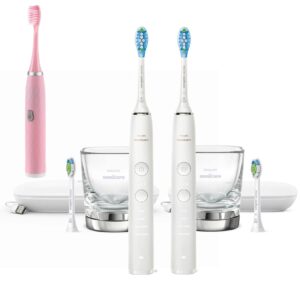 philips sonicare diamondclean 9000 connected rechargeable electric power toothbrush, 2-pack, white + white - bluetooth, 3 intensities, 2 weeks operating time, charging travel case