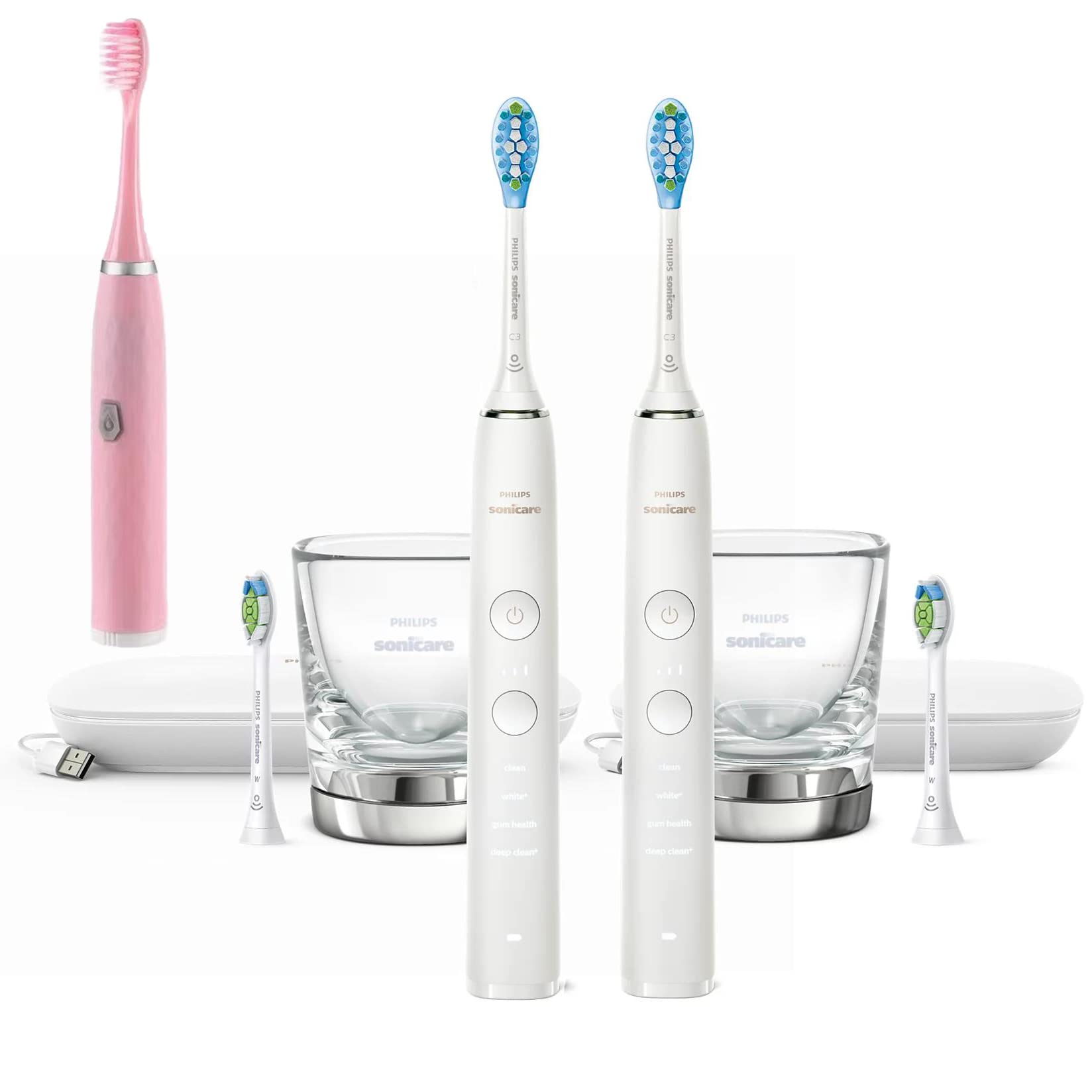 Philips Sonicare DiamondClean 9000 Connected Rechargeable Electric Power Toothbrush, 2-Pack, White + White - Bluetooth, 3 Intensities, 2 Weeks Operating time, Charging Travel Case