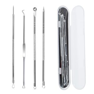 4pcs blackhead acne removal extractor, curved blackhead tweezers kit, professional stainless pimple acne blemish removal tools kit with storage box