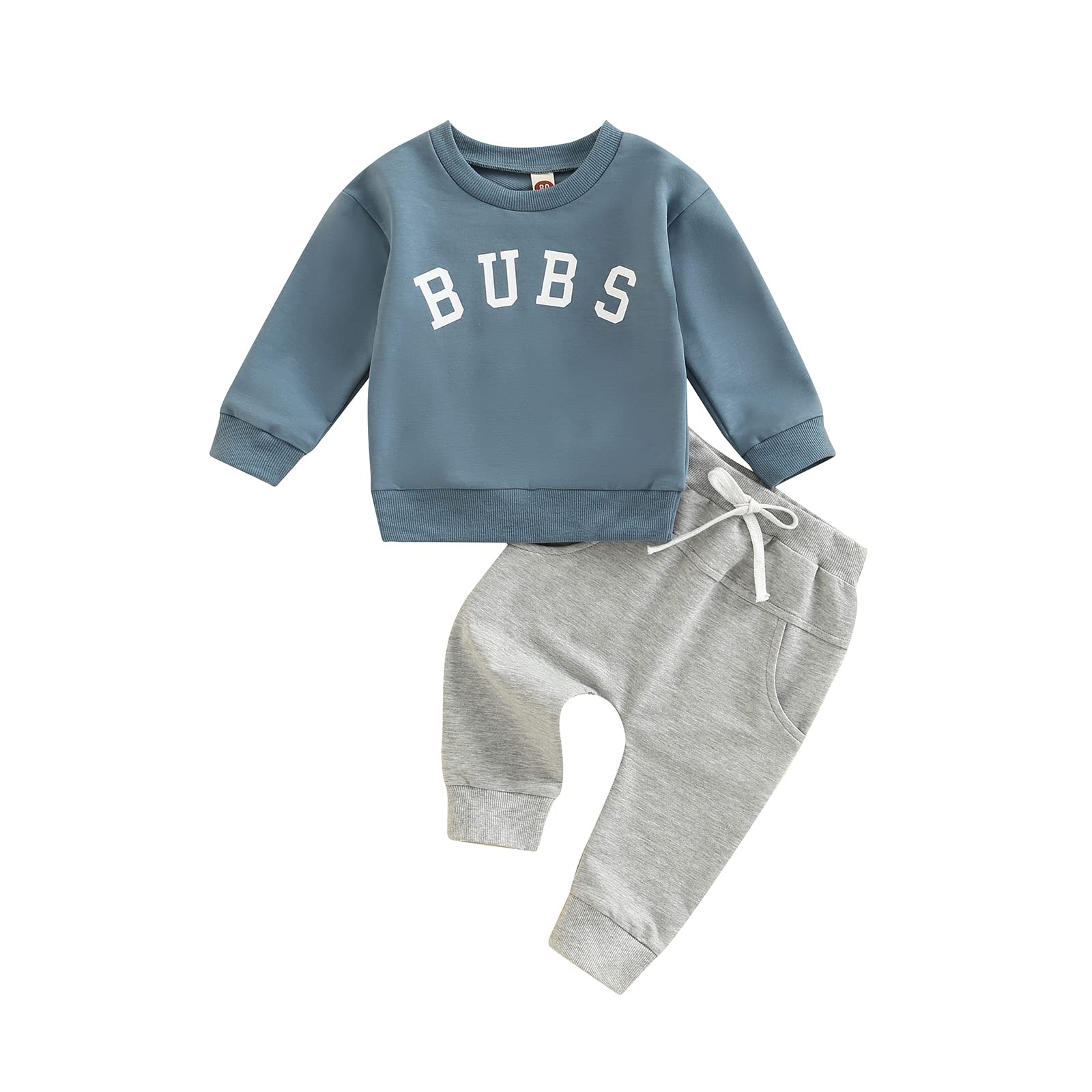 Goelsakurara Newborn Infant Baby Boy Fall Winter Clothes Long Sleeve Letter Sweatshirt Tops Pants 2Pcs Sweatsuit Outfit Set (Blue Bubs, 0-6 Months) (TF-YYJ6-JMPL)