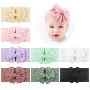 oneninedream floral embroidery bow baby headbands for girls, 8pcs nylon soft hair accessories - newborn, infant, toddler, big bow, 8 colors - white, pink, black, lavender, aqua, ivory, mauve, olive