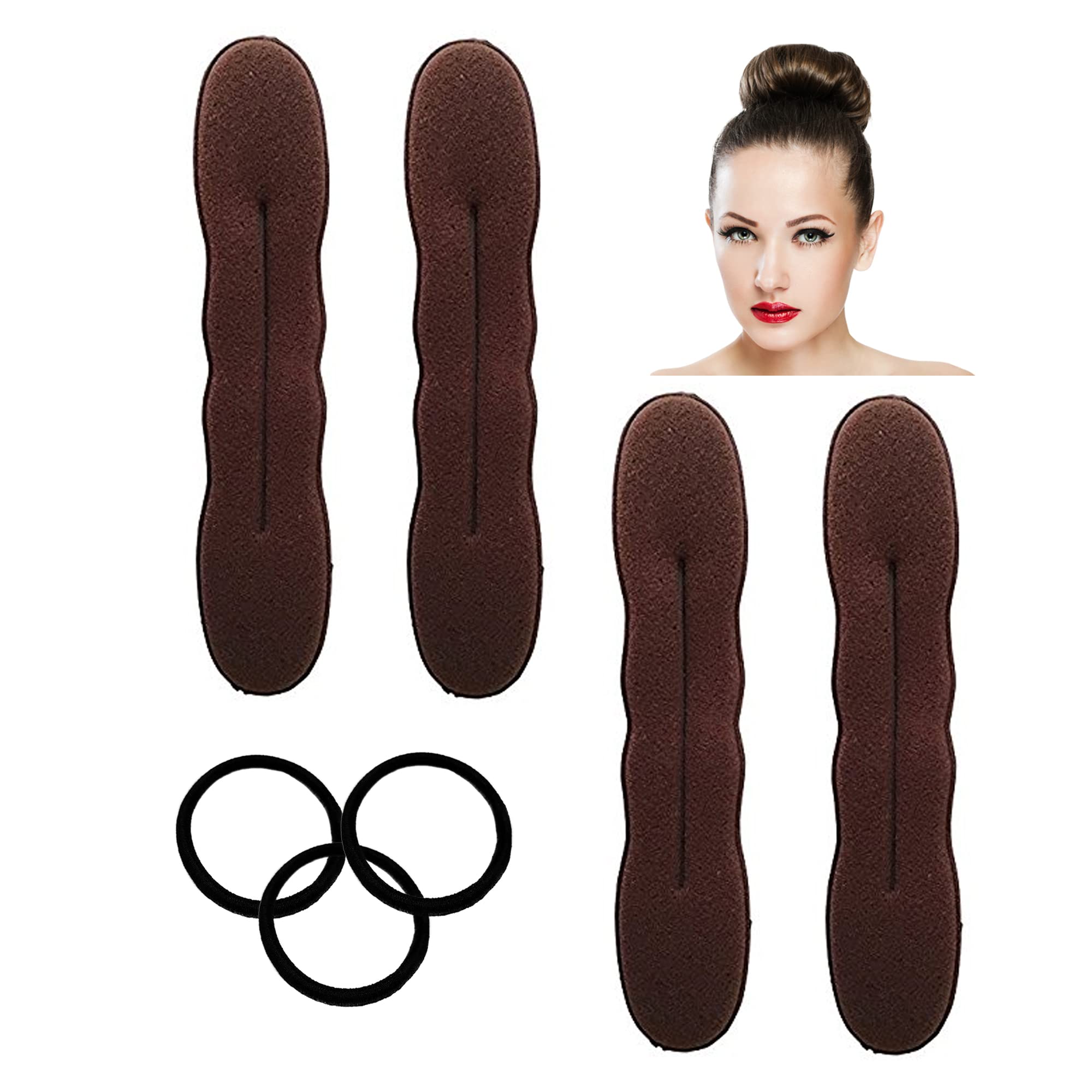 Styla Hair Brunette 4 Count Hair Bun Maker Accessories, Large Foam Sponge Shaper for Easy Bun Twister, Ballet Buns, French Twist, Updo's, Waves & more - Strong, Flexible, Reusable