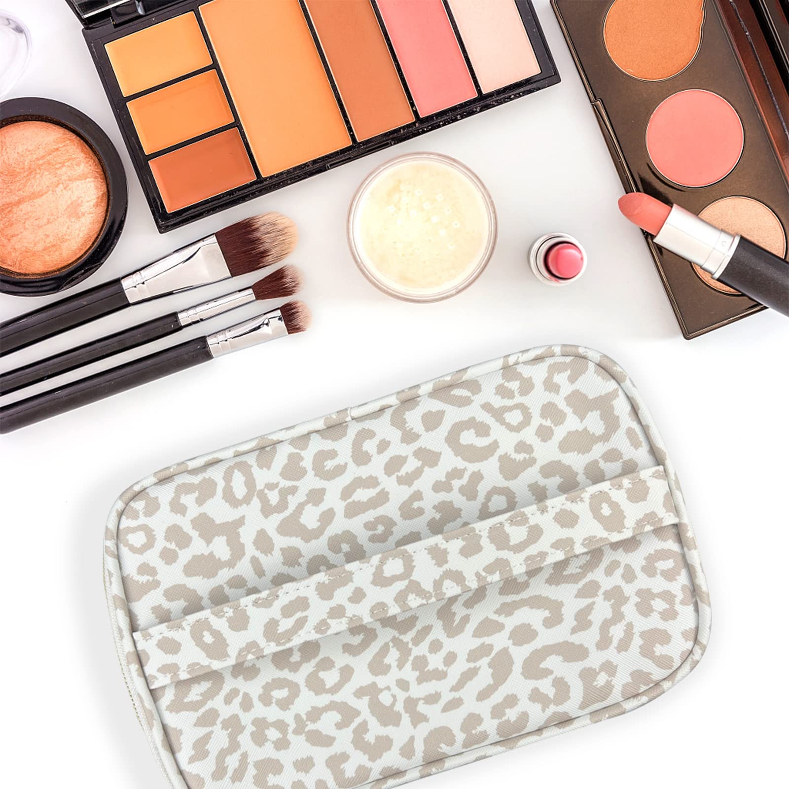 Deokke 3Pcs Makeup Bag,Travel Makeup Bag,Makeup Bags for Women,Makeup Brush Bag,Large Capacity PU Cosmetic Bag,Waterproof and Durable-Grey White Leopard Cheetah Pattern