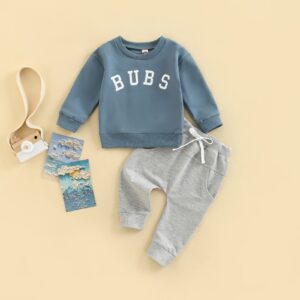 Goelsakurara Newborn Infant Baby Boy Fall Winter Clothes Long Sleeve Letter Sweatshirt Tops Pants 2Pcs Sweatsuit Outfit Set (Blue Bubs, 0-6 Months) (TF-YYJ6-JMPL)