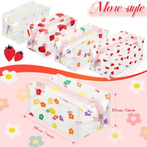 Henoyso 4 Pcs Clear Small Makeup Bag with Zipper Cute Flower Daisy Heart Strawberry Cosmetic Bags Transparent Makeup Pouch Cartoon Pencil Case Waterproof Toiletry Organizer for Travel